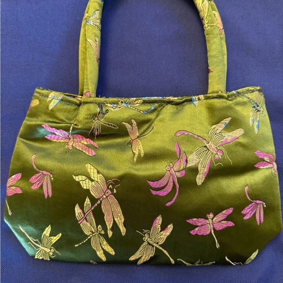 Bags | Vibrant Green And Pink Mini Bag With Dragonfly Pattern | Poshmark